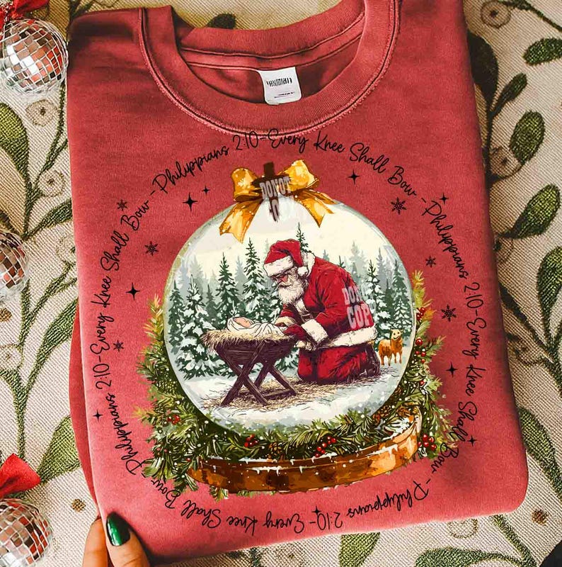 Every Knee Shall Bow PNG, Santa Kneeling at Manger PNG, Nativity Scene ...