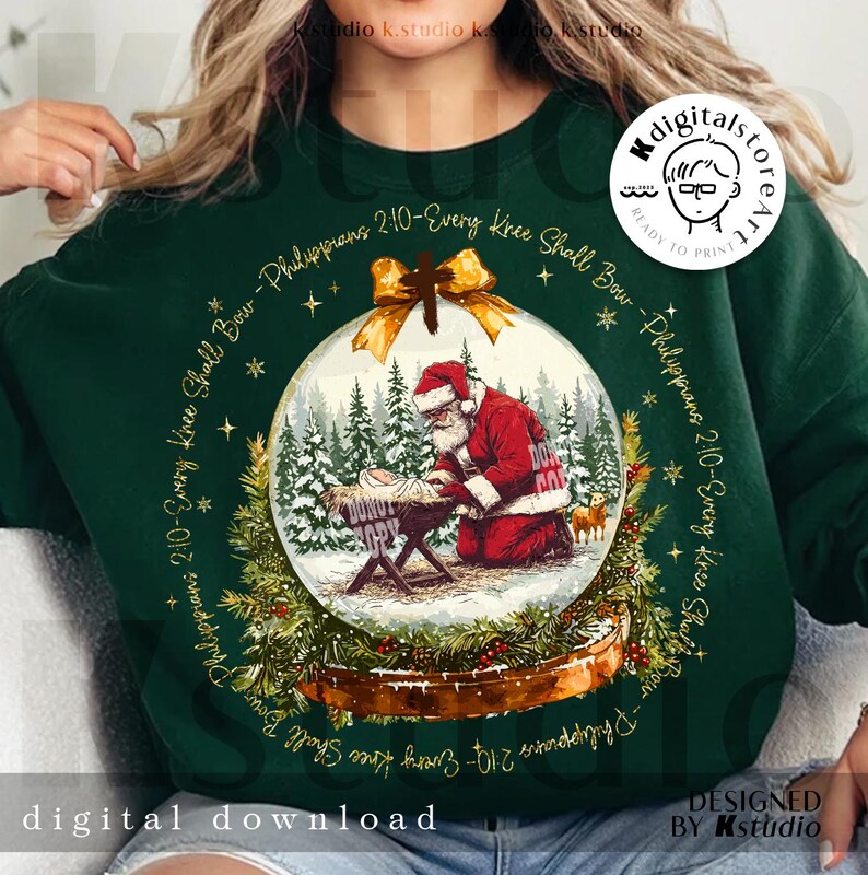 Every Knee Shall Bow PNG, Santa Kneeling at Manger PNG, Nativity Scene ...