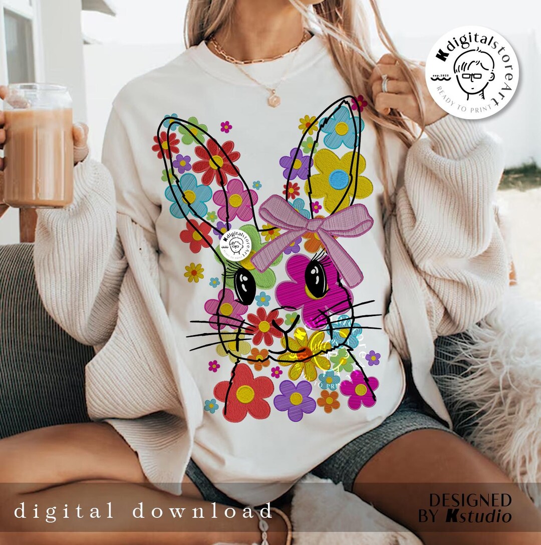 Embroidery Flower Bunny PNG, Embroidery Bunny, Happy Easter PNG, Faux ...