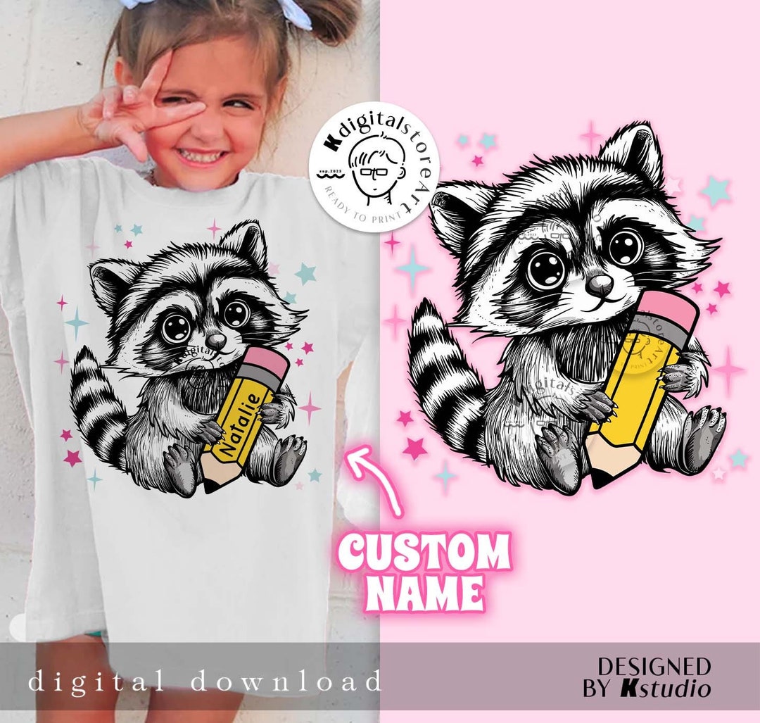 Racoon Pencil Teacher Name Personalization Design, Toddler Kid Boy Girl ...