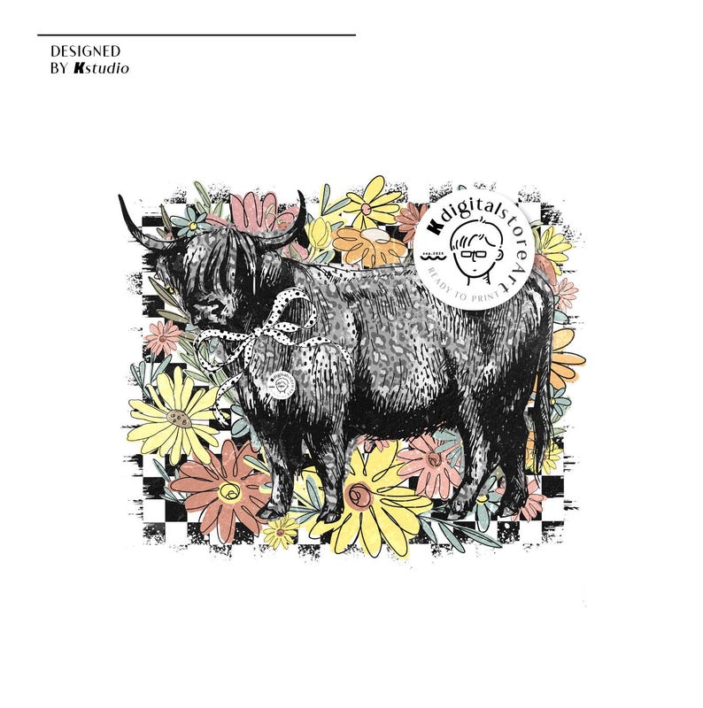 Checkerboard Wildflower Highland Cow Png, Western Cow Mama Png, Cow ...