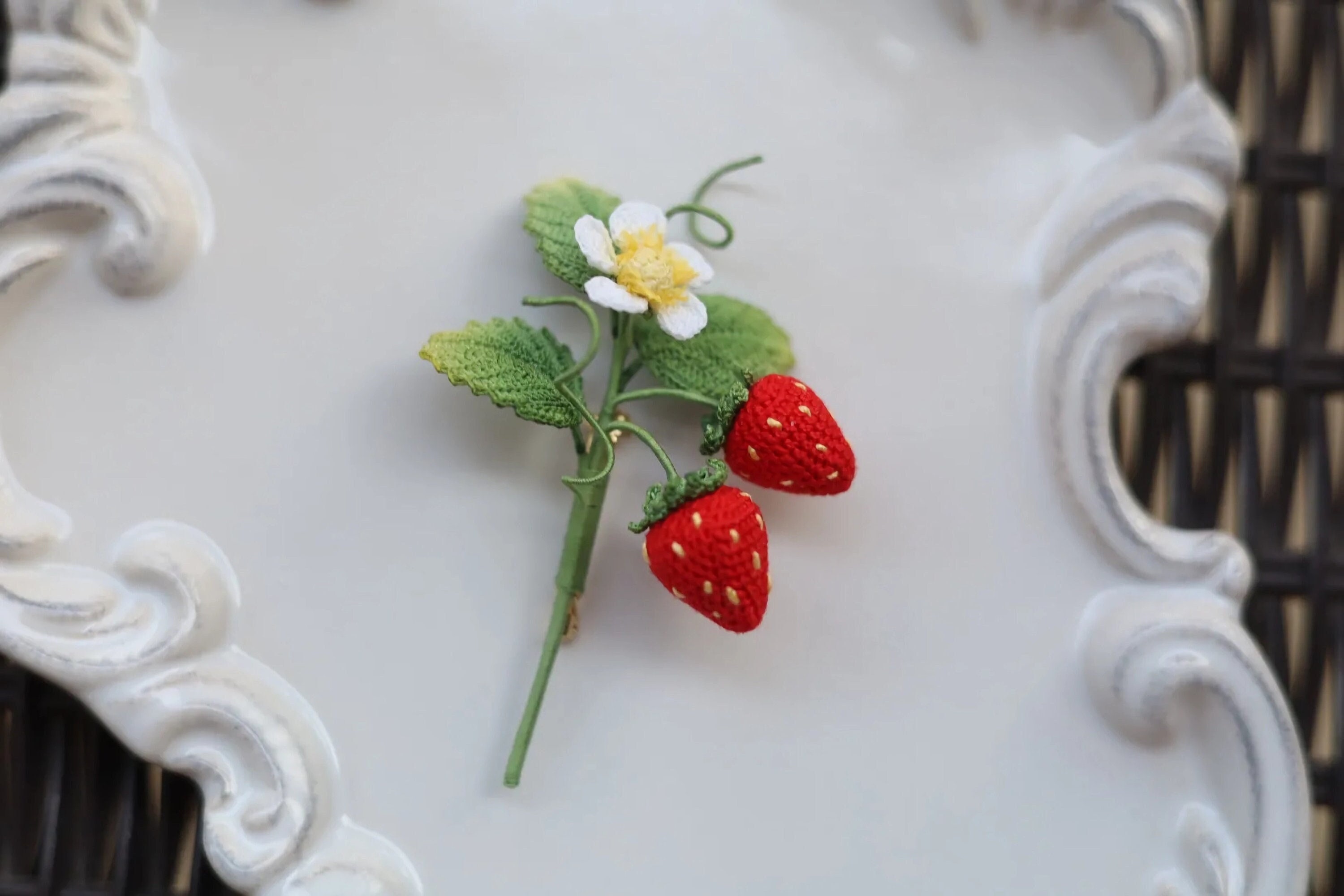 Micro Crochet Brooch, Strawberry Flower Brooch, Floral Brooch, Gift for ...