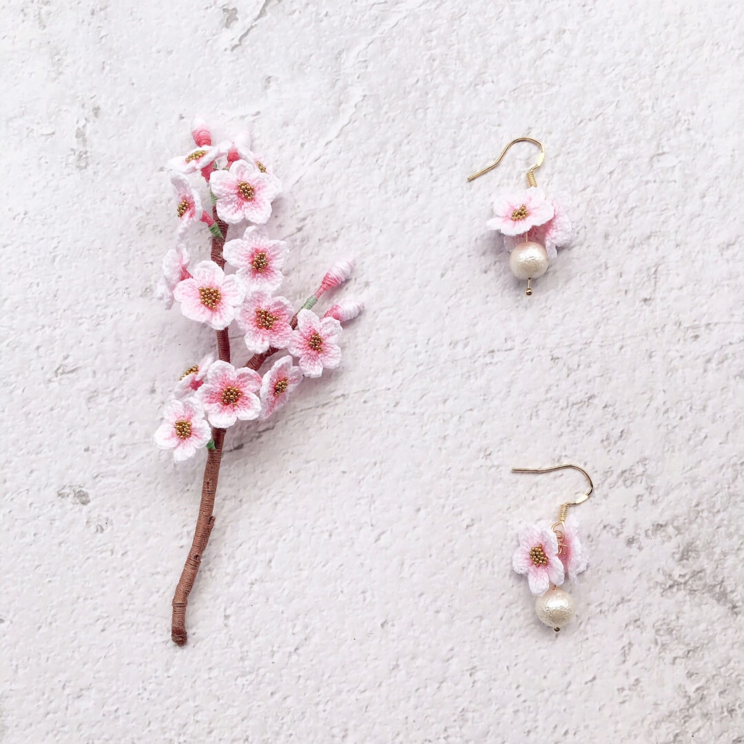 Handmade Micro Crochet Earrings, Cherry Blossoms Earring, Cherry ...