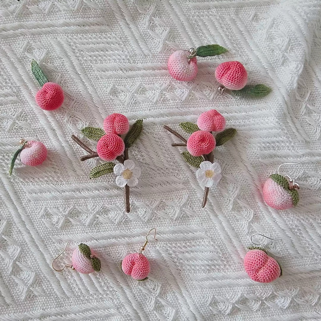 Micro Crochet Peach Jewelry Set, Handmade Peach Earring, Micro Crochet ...