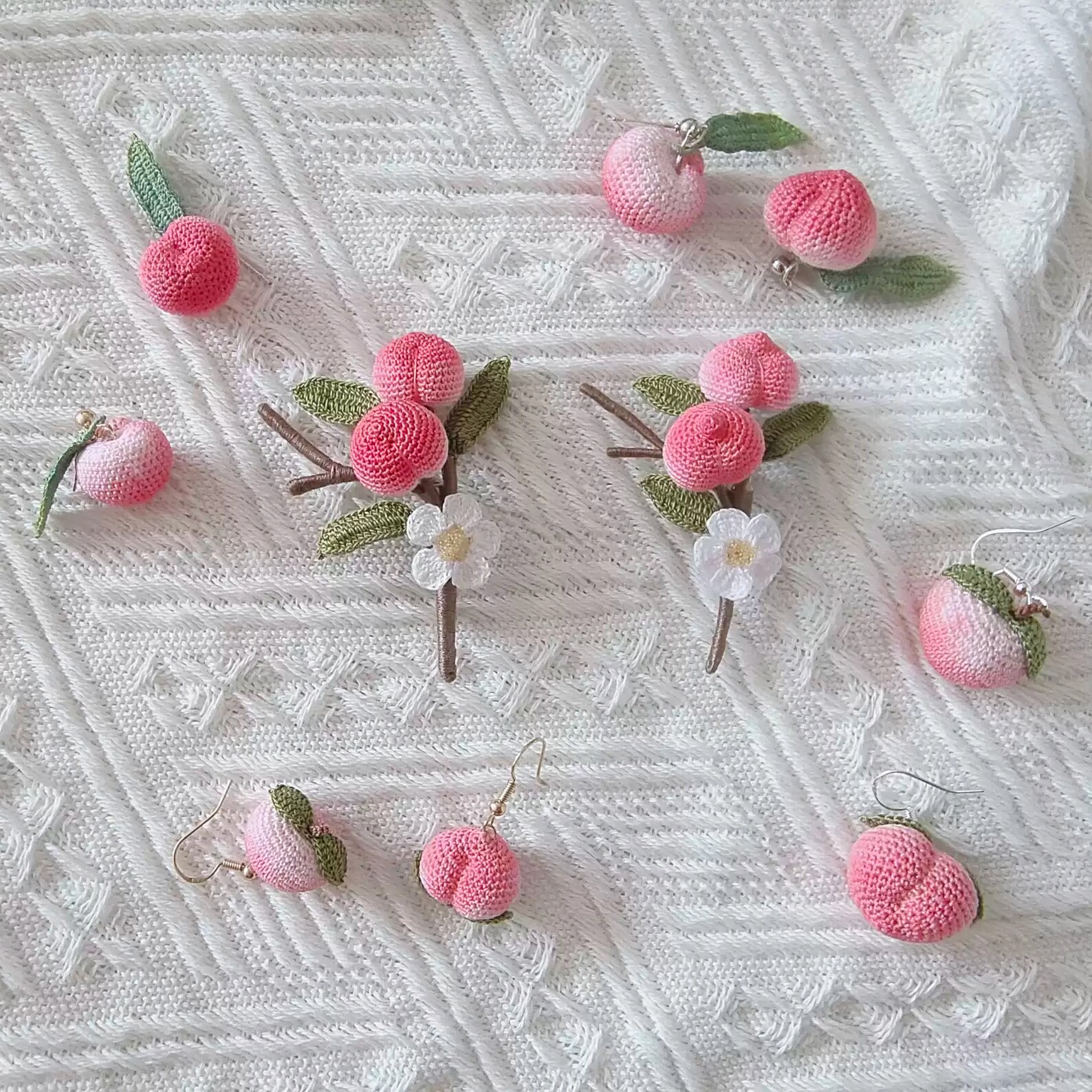 Micro Crochet Peach Jewelry Set, Handmade Peach Earring, Micro Crochet ...