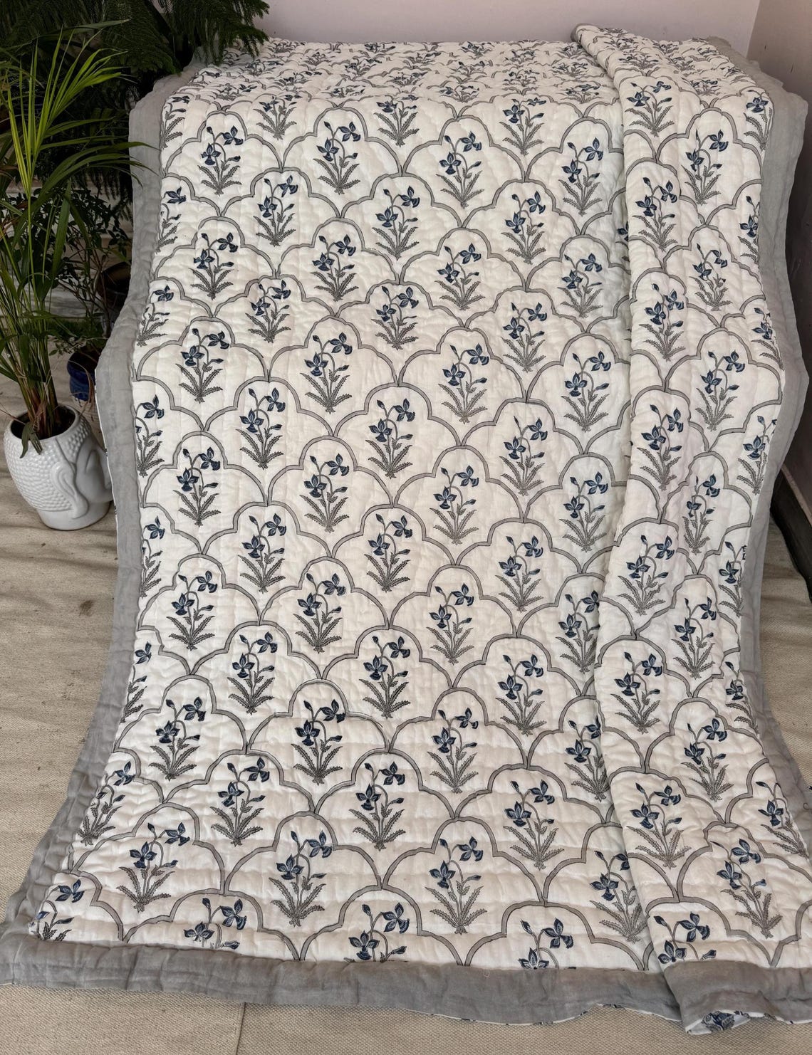 Anokhi Hand Block Printed Cotton Quilt, Reversible Bedspread Comforter ...