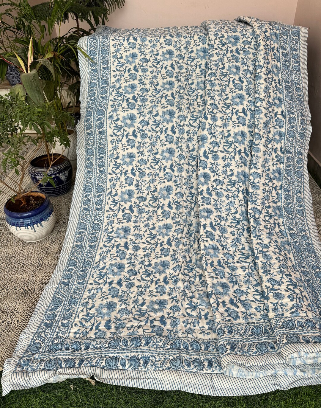 Handcrafted Floral Block Print Quilt: Indian Cotton Bedding - Etsy