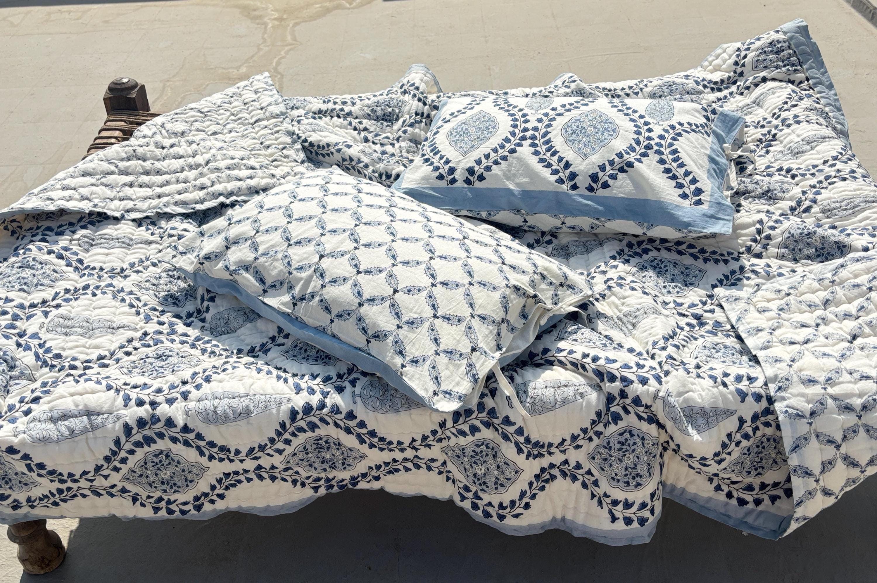 Anokhi Blue Floral Cotton Quilt, Reversible Block Printed Quilt ...