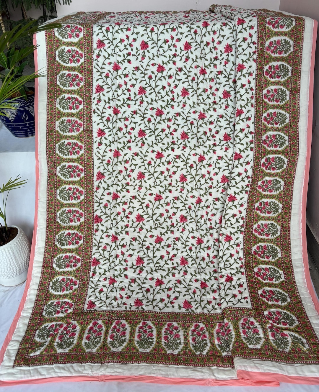 Anokhi Block Printed Cotton Quilt, Jaipuri Pink Floral Bedspread ...