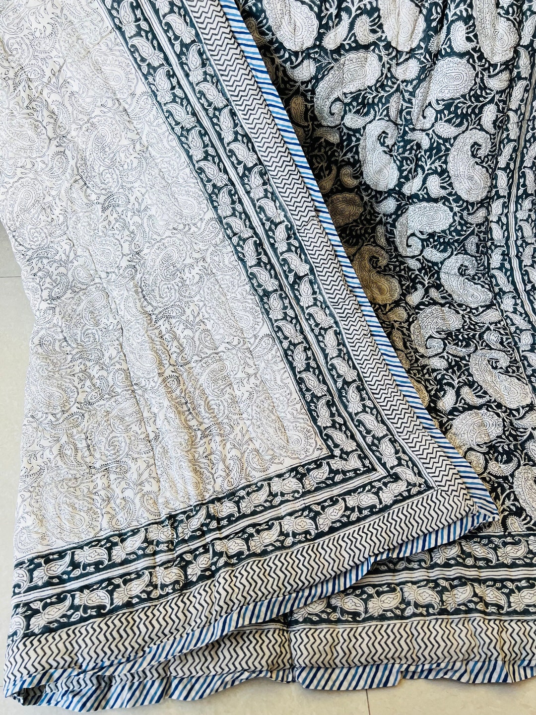 Block Print Razai Quilt, Winter Razai Quilt, Reversible Quilt, Handmade ...