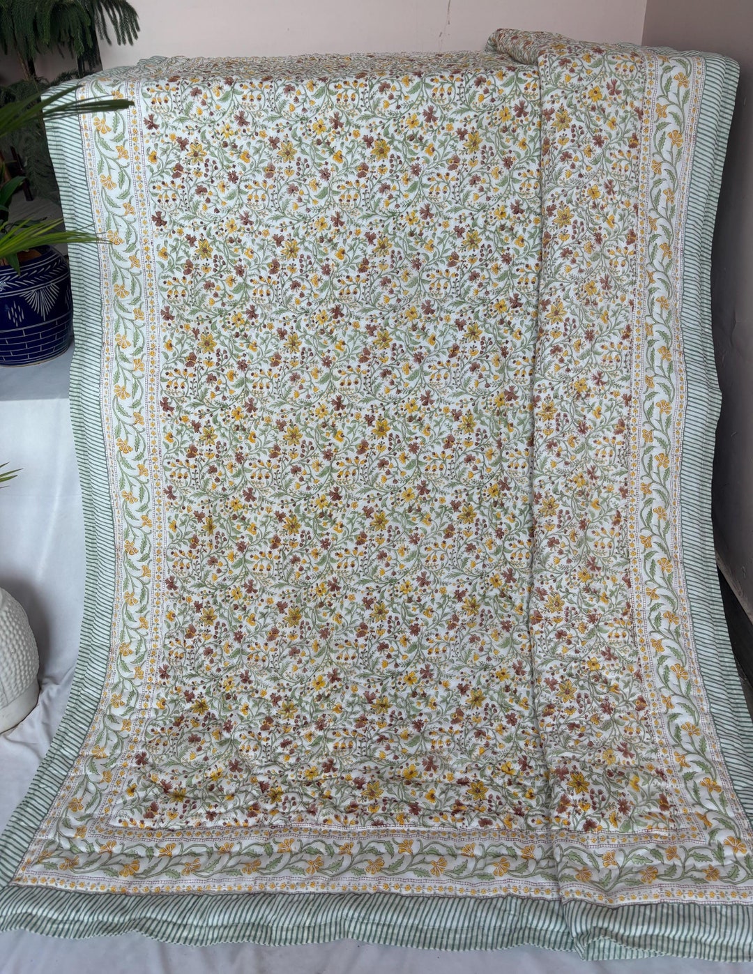 Hand Block Print Quilt, Boho Bedding, Floral Quilt, Cotton Throw ...