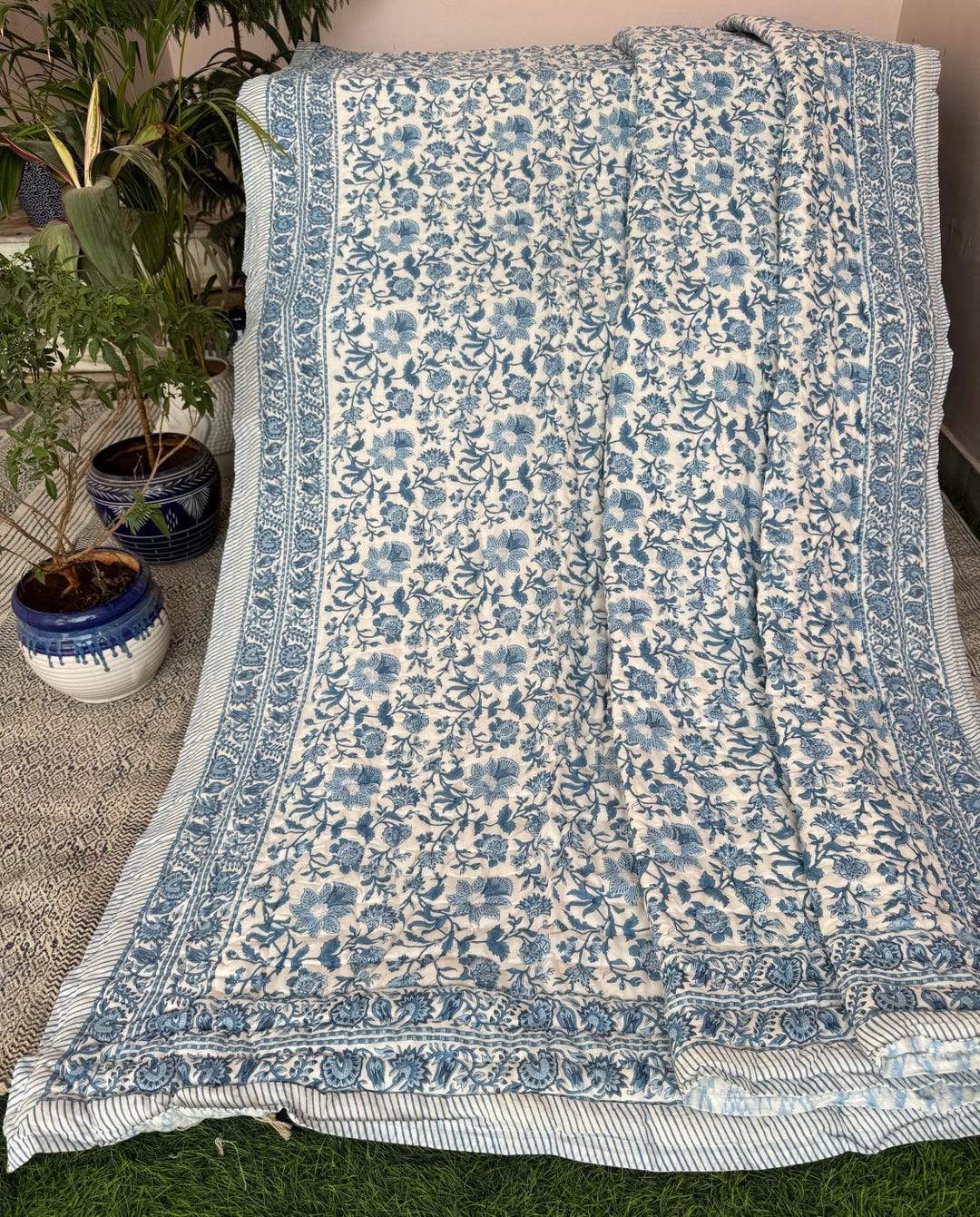 Indian Blue Floral Block Printed Cotton Quilt, Reversible Jaipuri Razai ...