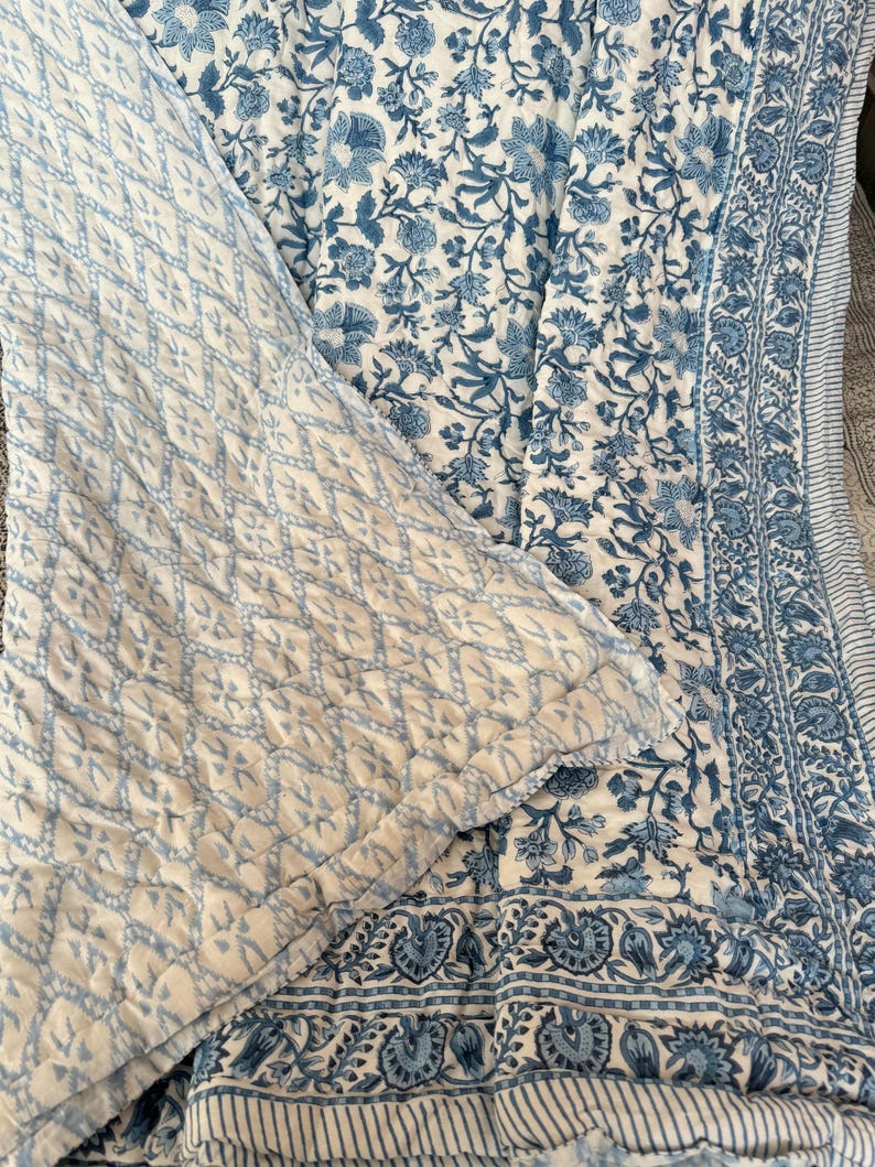 Indian Blue Floral Block Printed Cotton Quilt, Reversible Jaipuri Razai ...