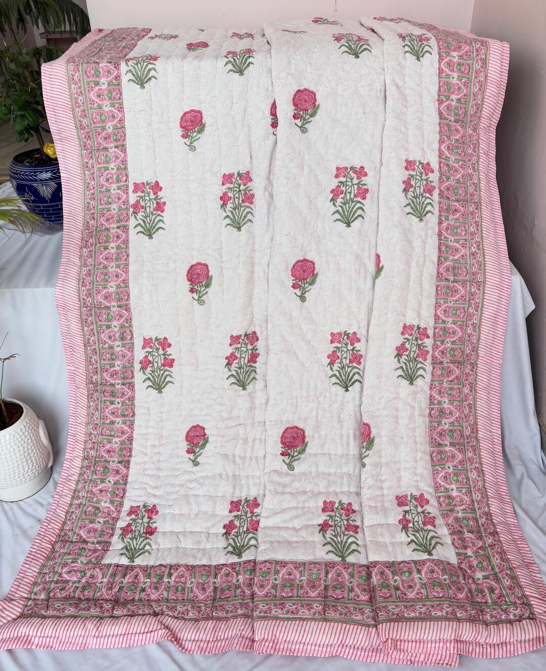 Anokhi Block Print Cotton Quilt: Reversible Floral Bedspread - Etsy