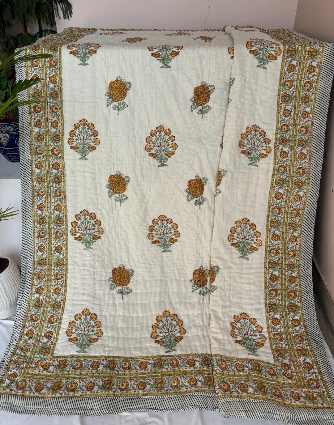 Hand Block Print Quilt, Anokhi Jaipuri Design, Handmade Blanket, Boho ...