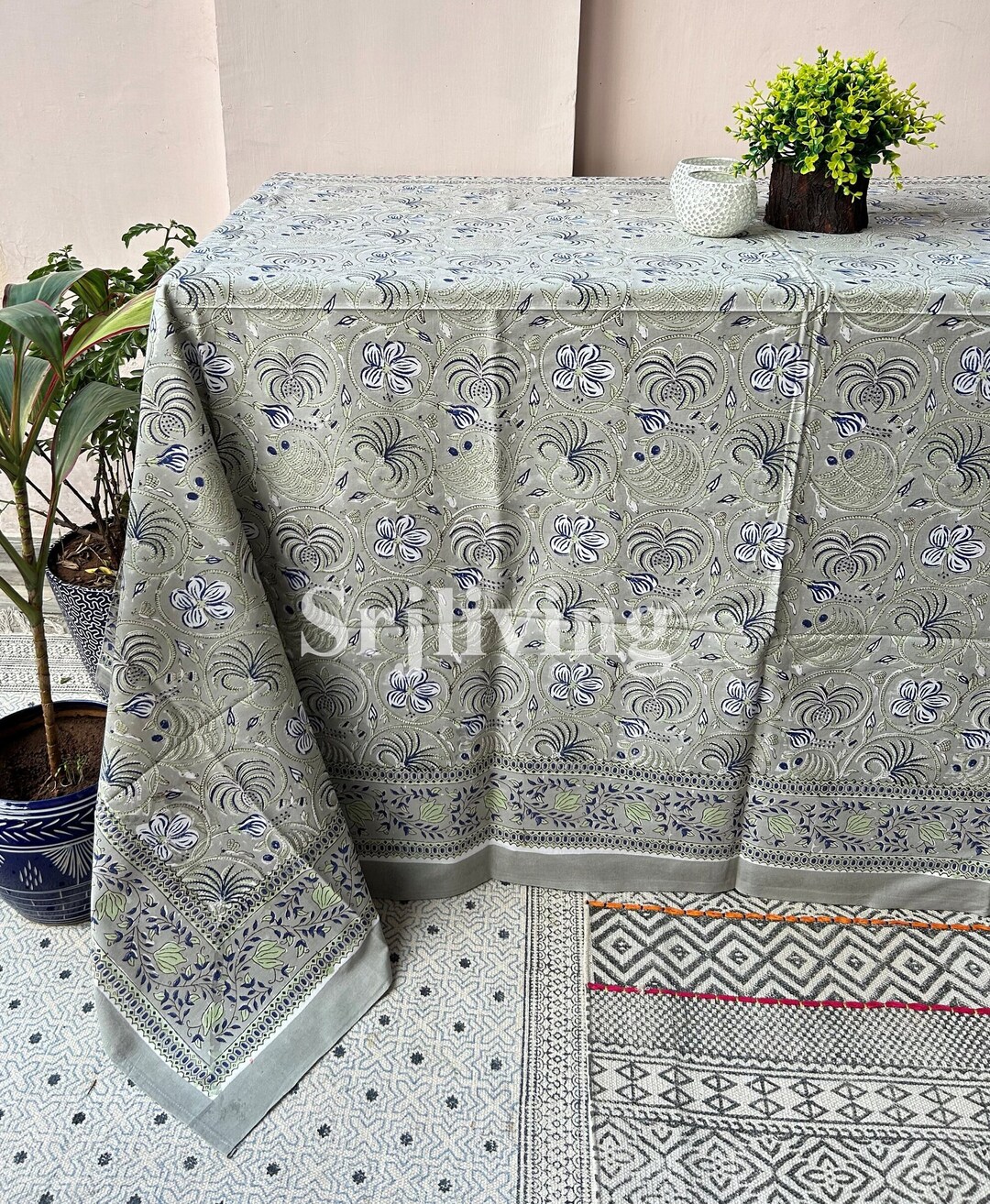 Indian Floral Hand Block Printed Table Cloth, Cotton Dining Tablecloth ...