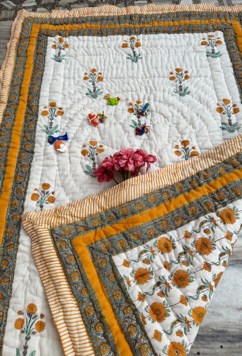 Handmade Block Print Baby Quilt, Indian Jaipuri Baby Rajai, Boho ...