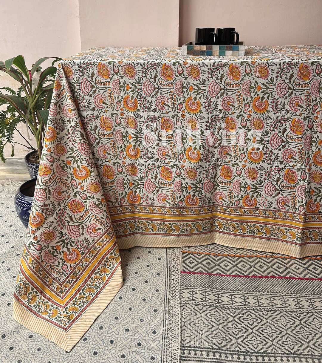 Vintage Cotton Block Print Tablecloth Rectangle/square/round - Etsy