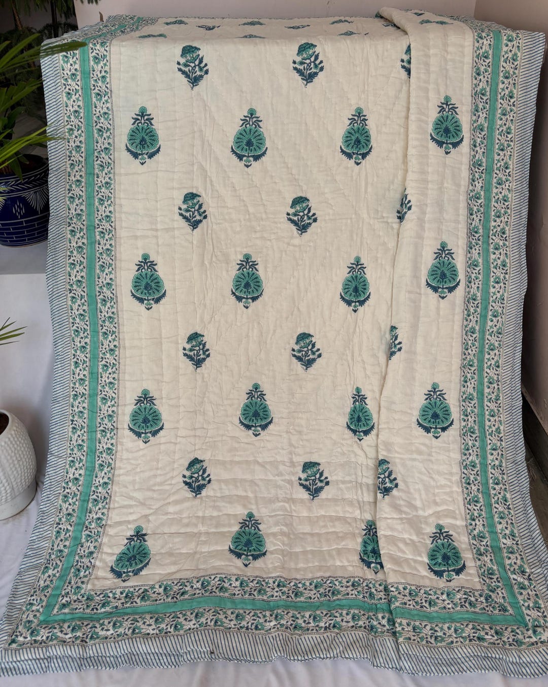 Anokhi Hand Block Printed Cotton Quilt, Reversible Queen Floral ...