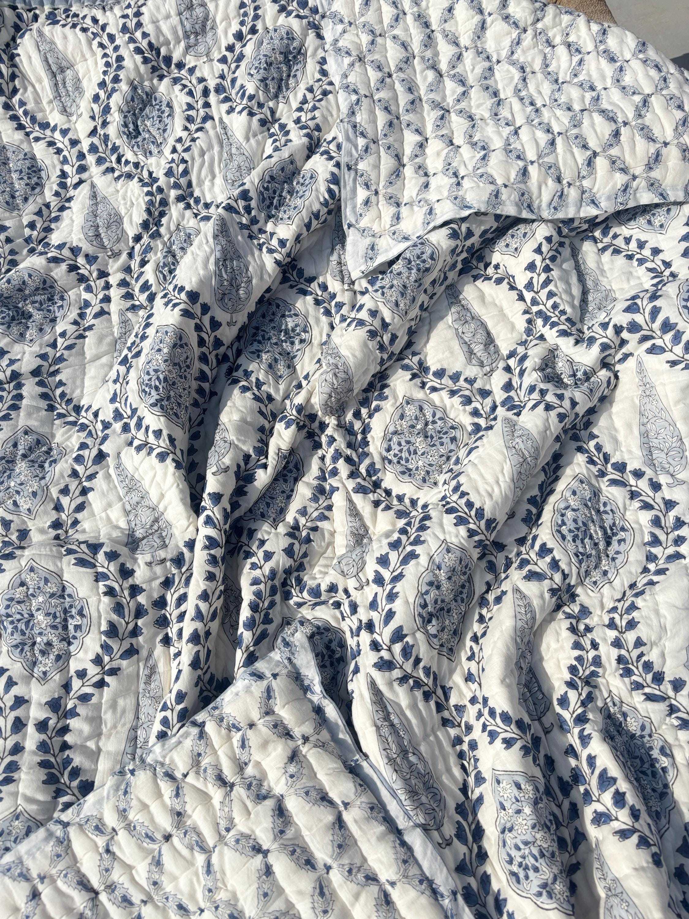 Anokhi Blue Floral Cotton Quilt, Reversible Block Printed Quilt ...