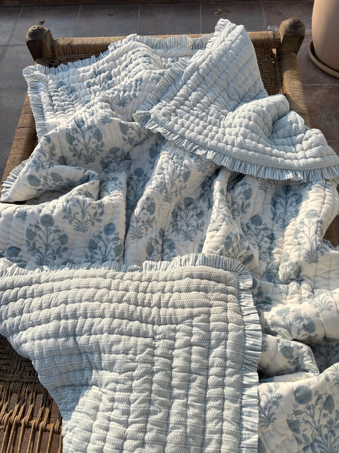 Anokhi Indian Cotton Block Printed Ruffles Quilt, Reversible Jaipuri ...