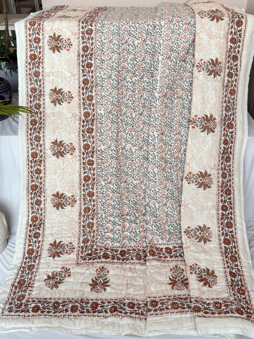 Anokhi Cotton Quilt, Indian Block Print Quilt, Reversible Floral ...