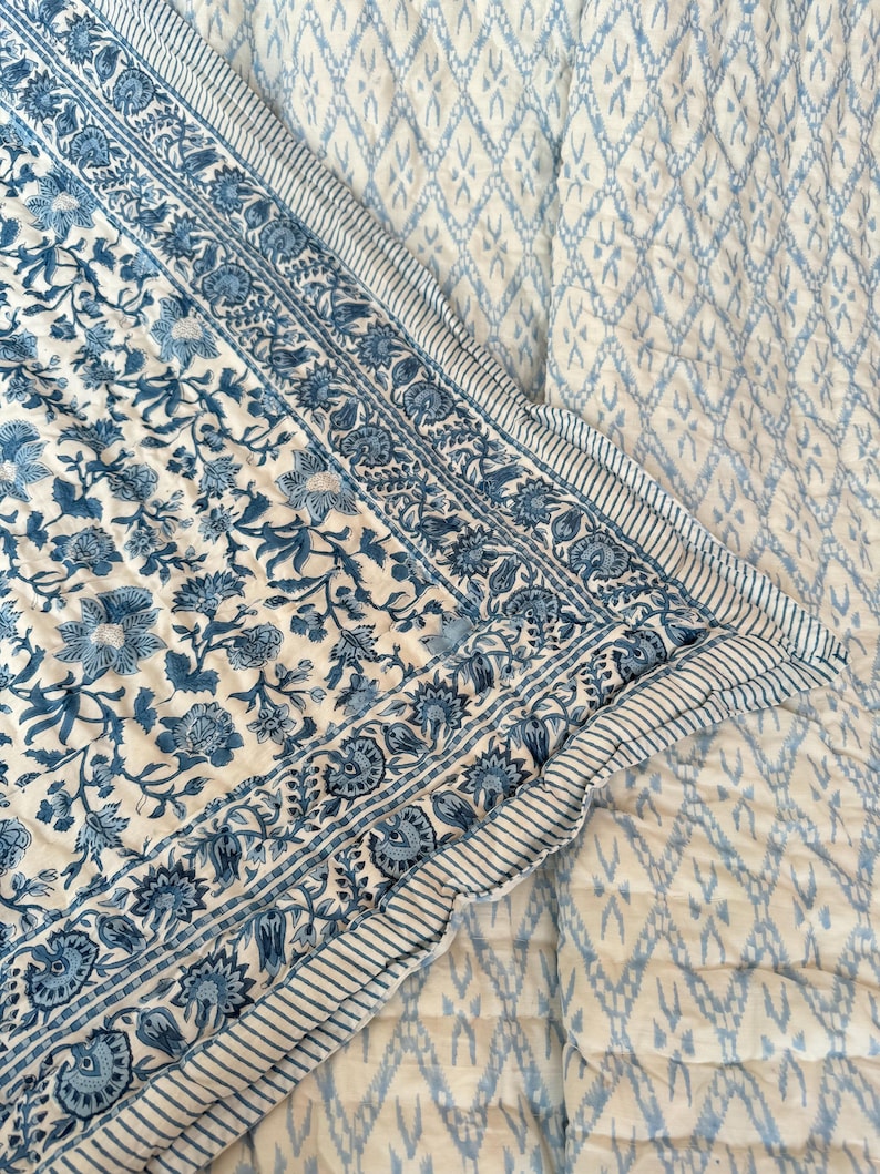Indian Blue Floral Block Printed Cotton Quilt, Reversible Jaipuri Razai ...