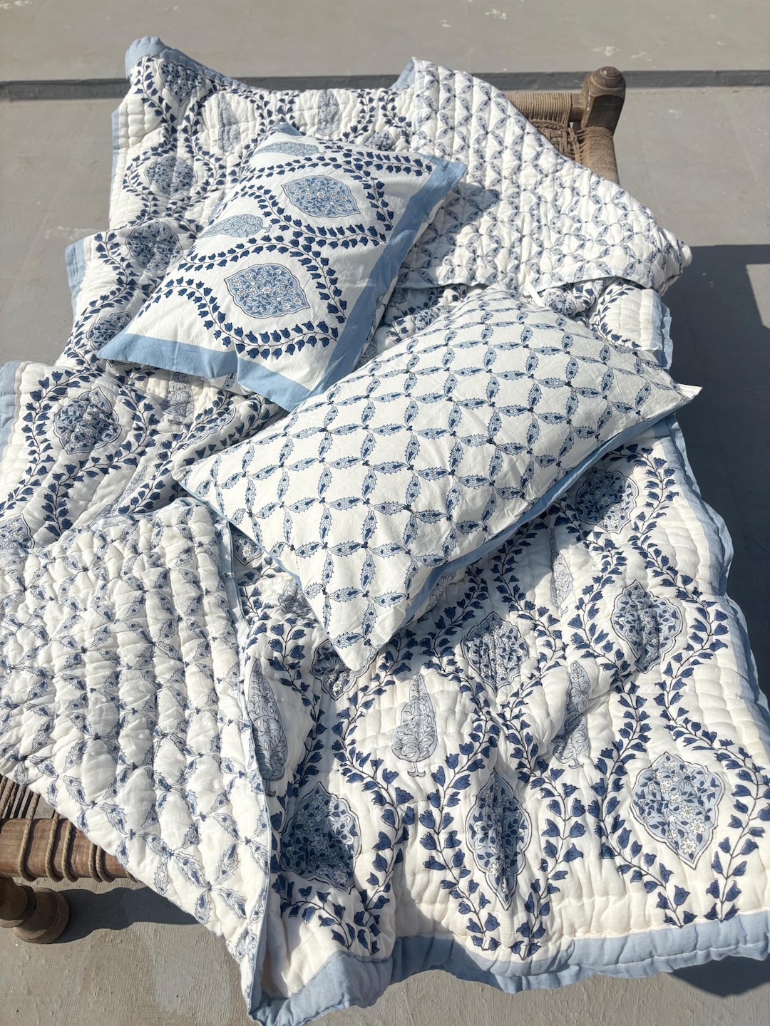 Anokhi Blue Floral Cotton Quilt, Reversible Block Printed Quilt ...