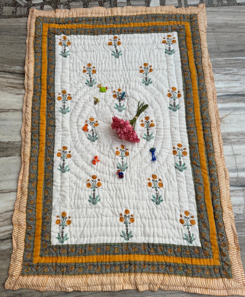 Handmade Block Print Baby Quilt, Indian Jaipuri Baby Rajai, Boho ...