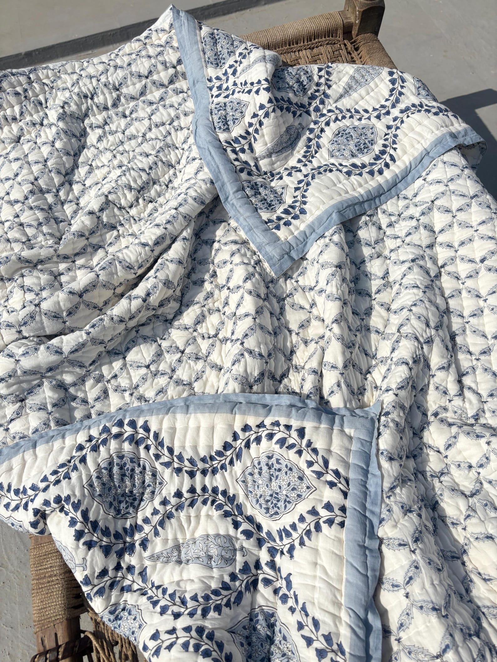 Anokhi Blue Floral Cotton Quilt, Reversible Block Printed Quilt ...