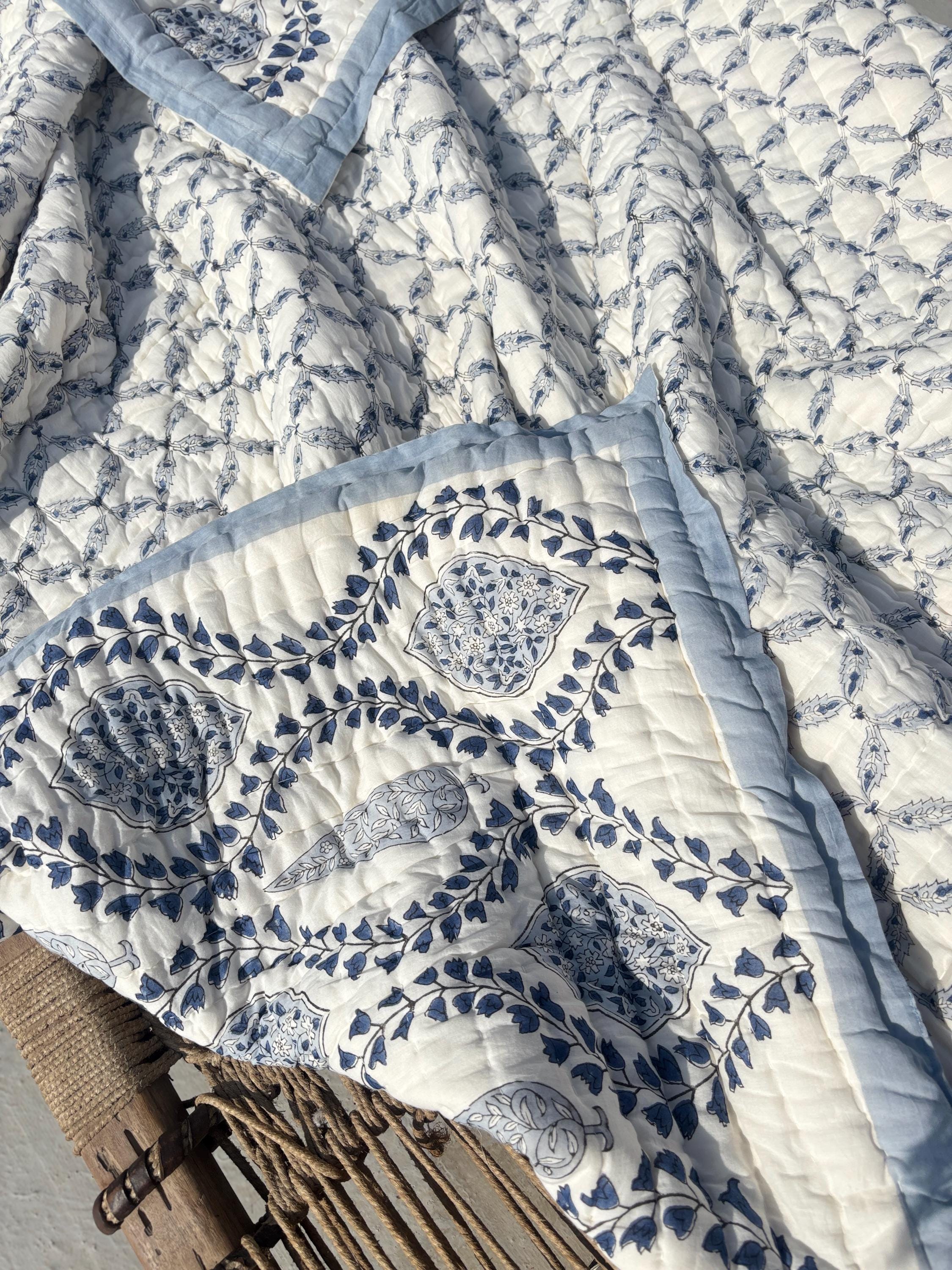 Anokhi Blue Floral Cotton Quilt, Reversible Block Printed Quilt ...