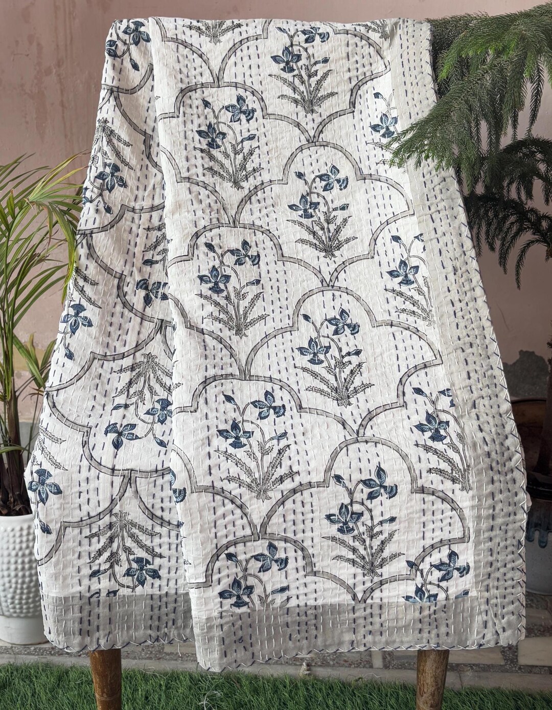Anokhi Block Printed Cotton Kantha Quilt, Handmade Floral Bedspread ...