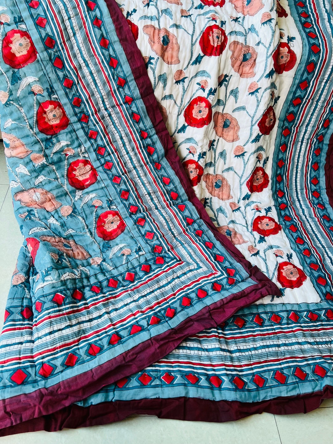 Srjliving Indian Reversible Cotton Quilt, Hand Block Print Floral ...