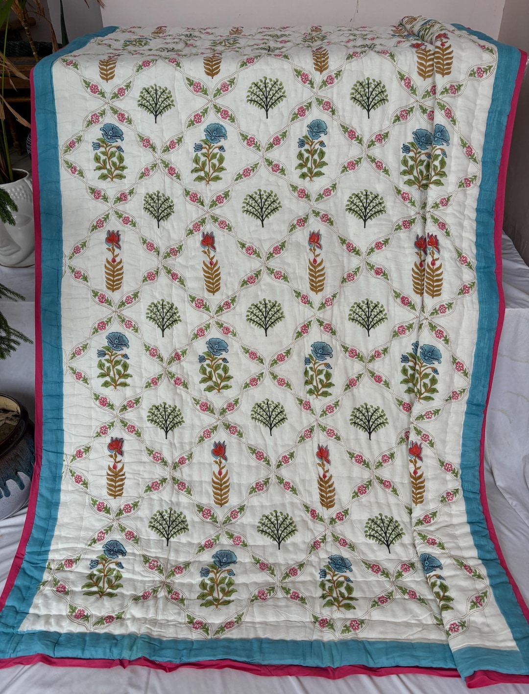 Jaipur Hand Block Print Cotton Quilt, Reversible Floral Bedspread ...