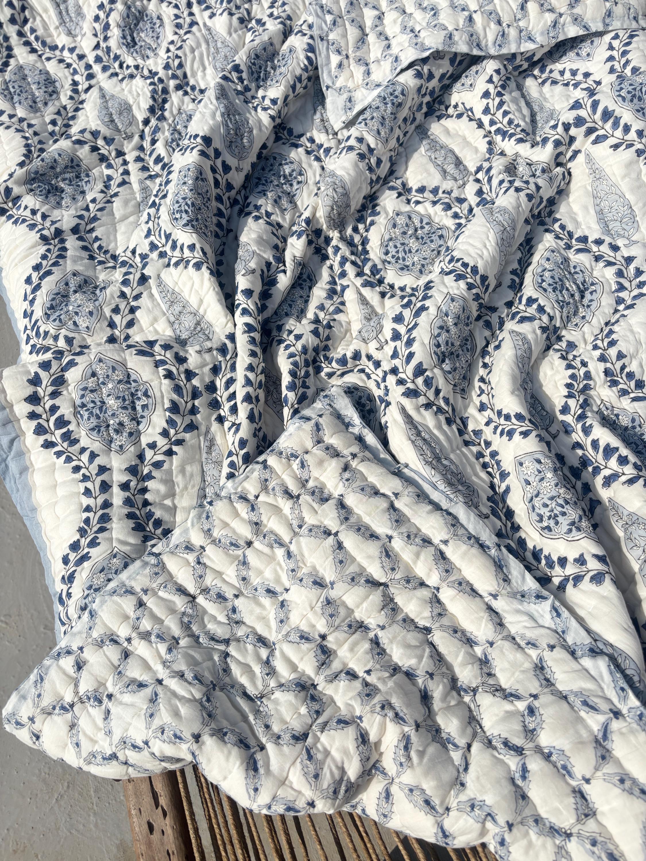 Anokhi Blue Floral Cotton Quilt, Reversible Block Printed Quilt ...