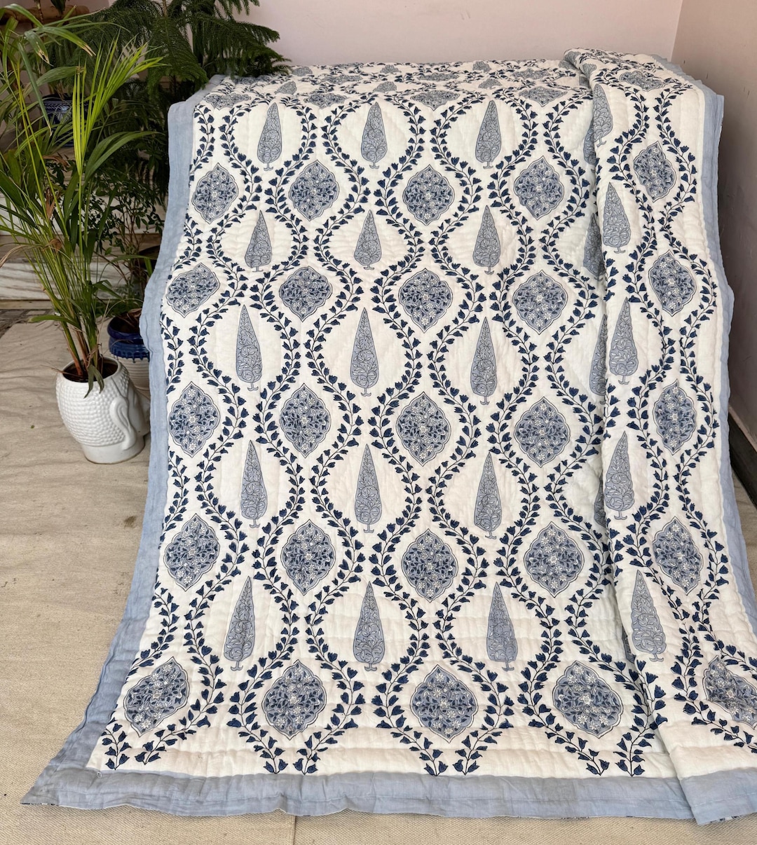 Anokhi Jaipur Hand Block Printed Cotton Quilt, Reversible Floral ...
