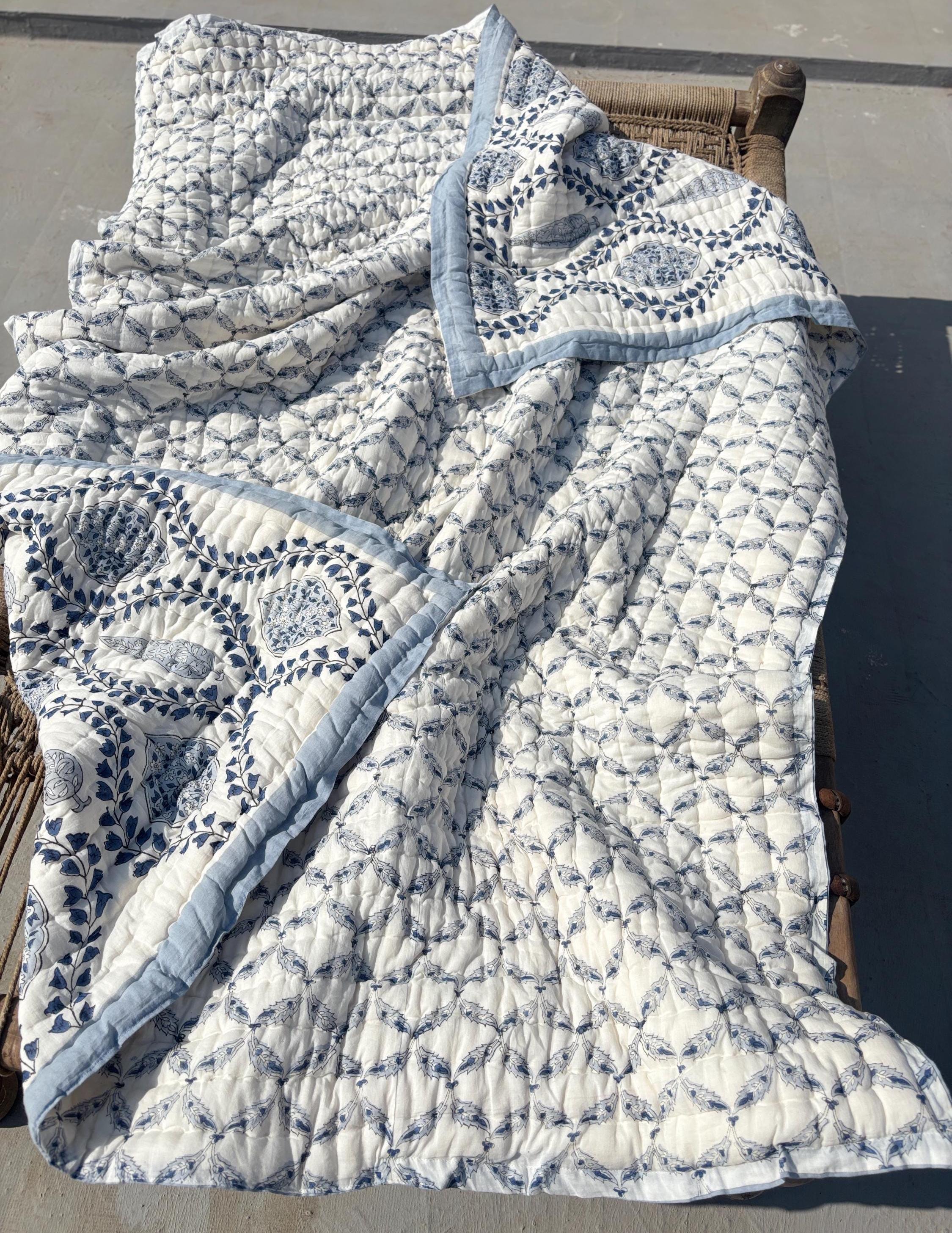 Anokhi Blue Floral Cotton Quilt, Reversible Block Printed Quilt ...