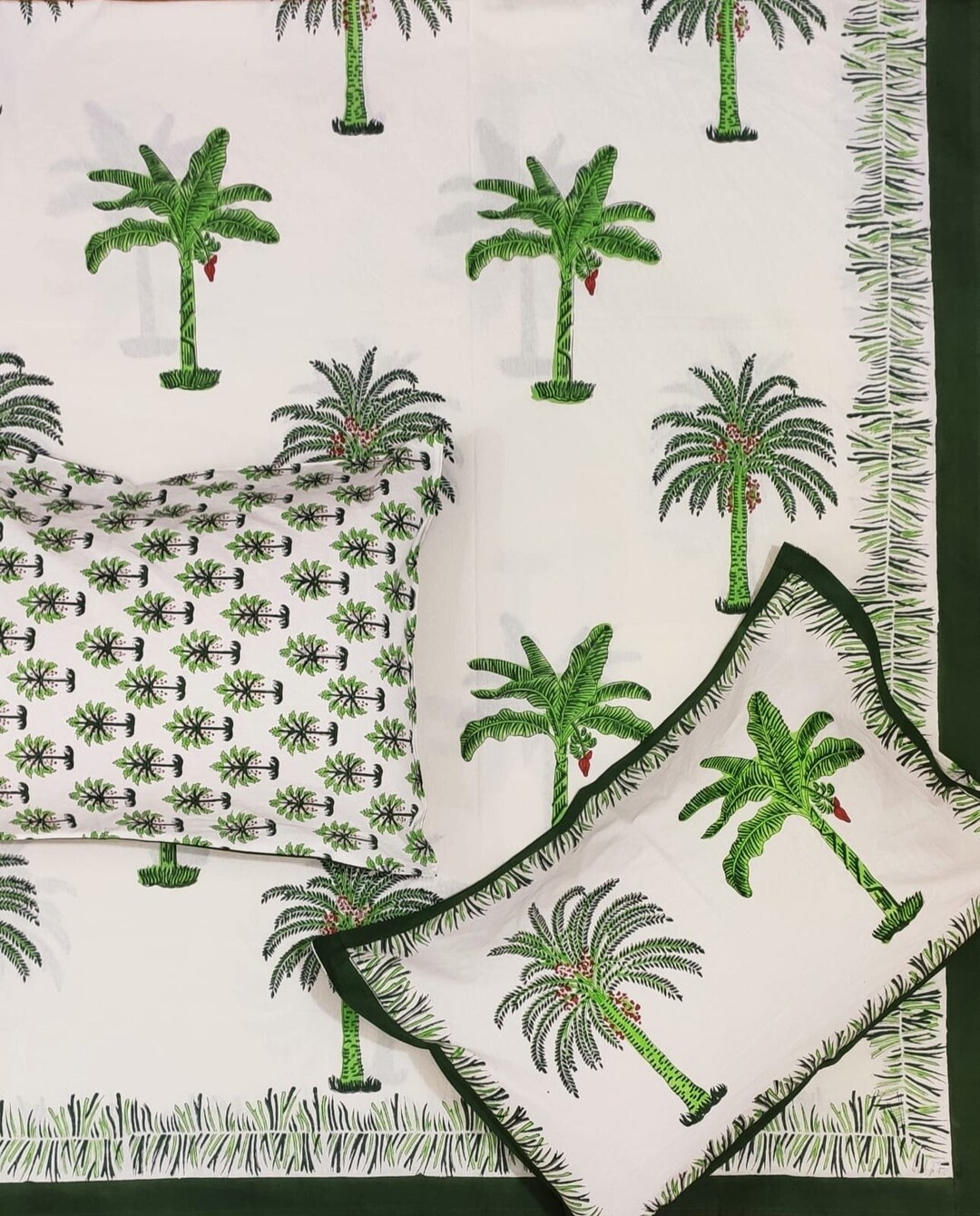 Palm Tree Block Printed Cotton Flat Sheet With 2 Pillow Cover, Pure ...