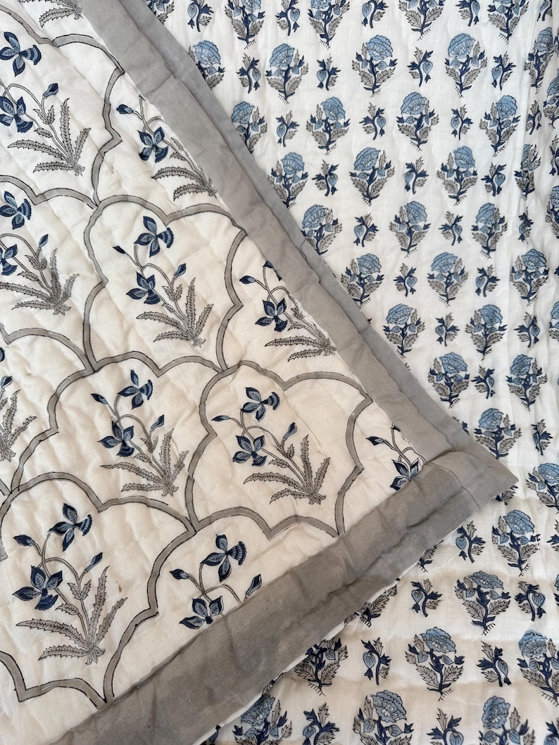 Anokhi Hand Block Printed Cotton Quilt, Reversible Bedspread Comforter ...