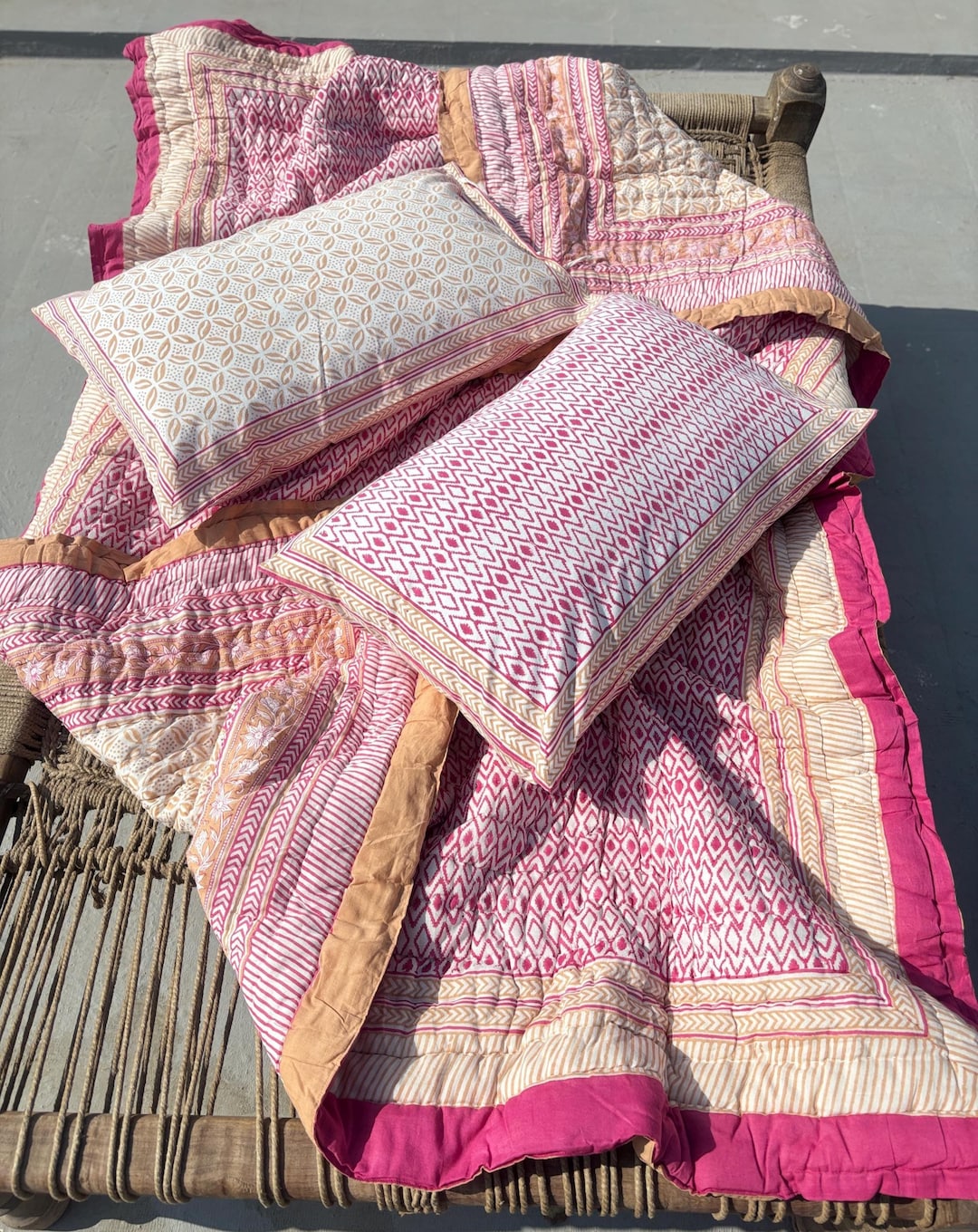 Anokhi Pink Geometric Block Pattern Quilt, Reversible Indian Cotton ...