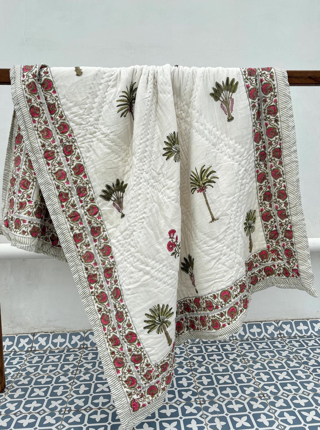 Block Print Floral Cotton Quilt, Handmade King Size Comforter Blanket ...