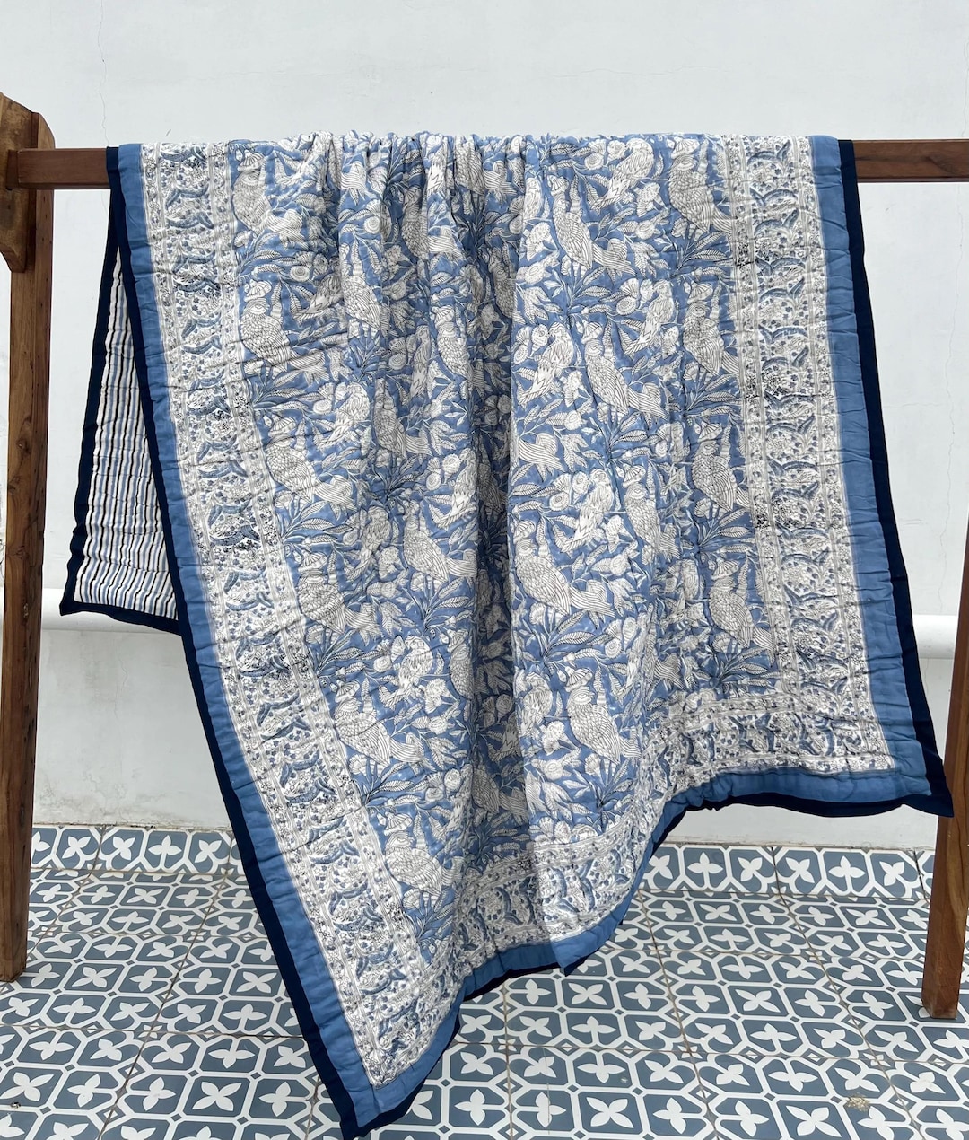 Anokhi Block Printed Floral Quilt, Reversible Cotton Queen Bedspread - Etsy
