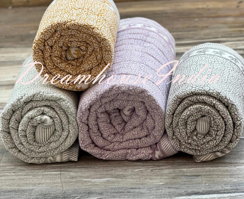 Handmade Block Print Cotton Quilt Reversible Floral Bedspread Comforter ...