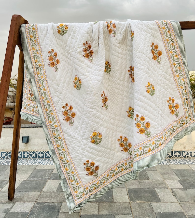 Handmade Reversible Floral Quilt Indian 100% Cotton Block Printed Quilt ...