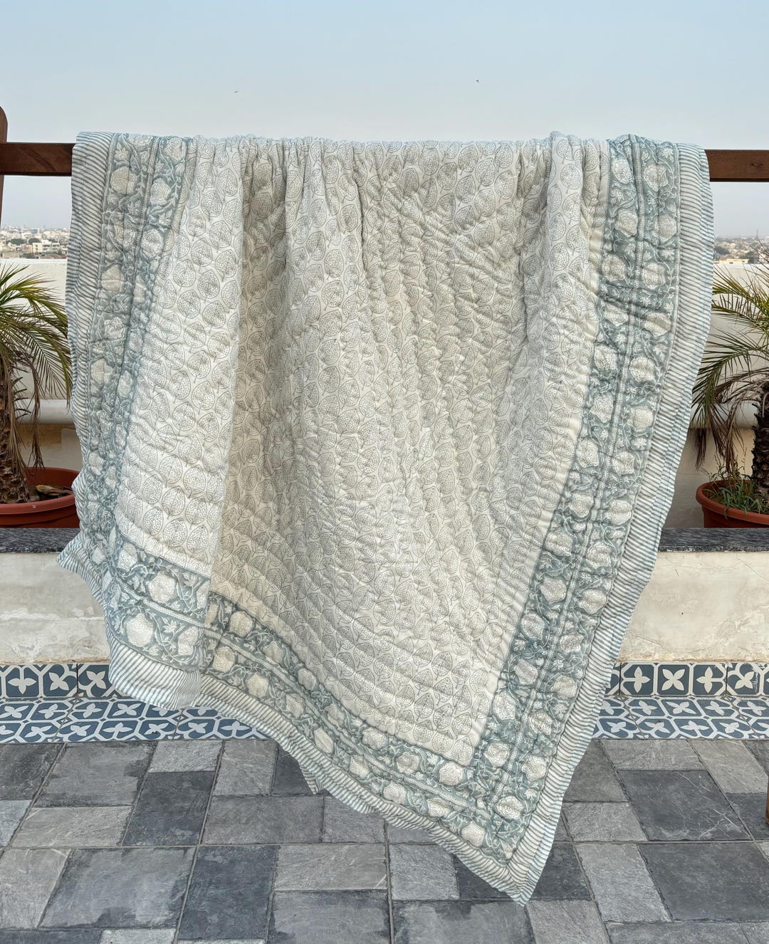 Powder Blue Quilt Handmade Floral Blanket Block Print Cotton Quilt ...