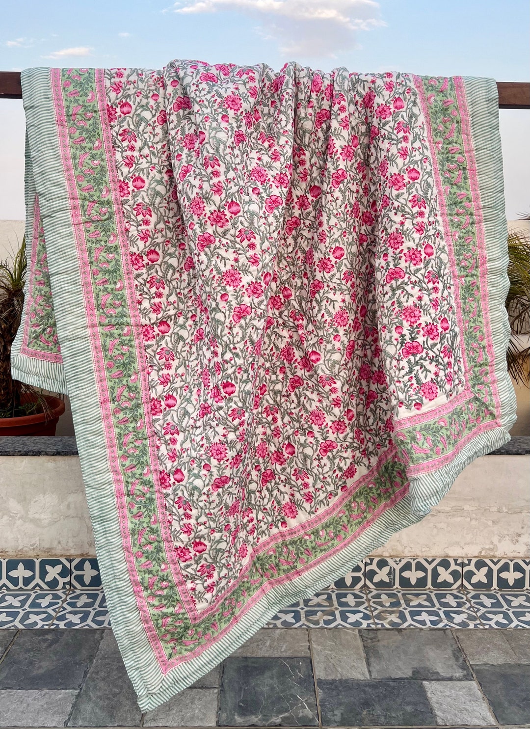 Floral Block Print Quilt Handmade Reversible Cotton Bedspread Boho ...