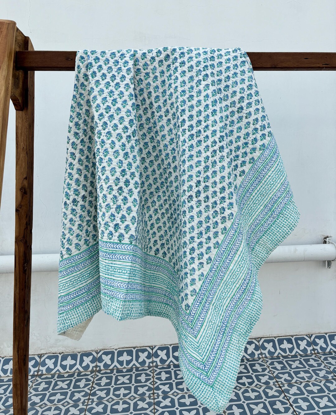 Handmade Block Print Quilt, Hand Stitch Cotton Blanket, Bohemian Throw ...