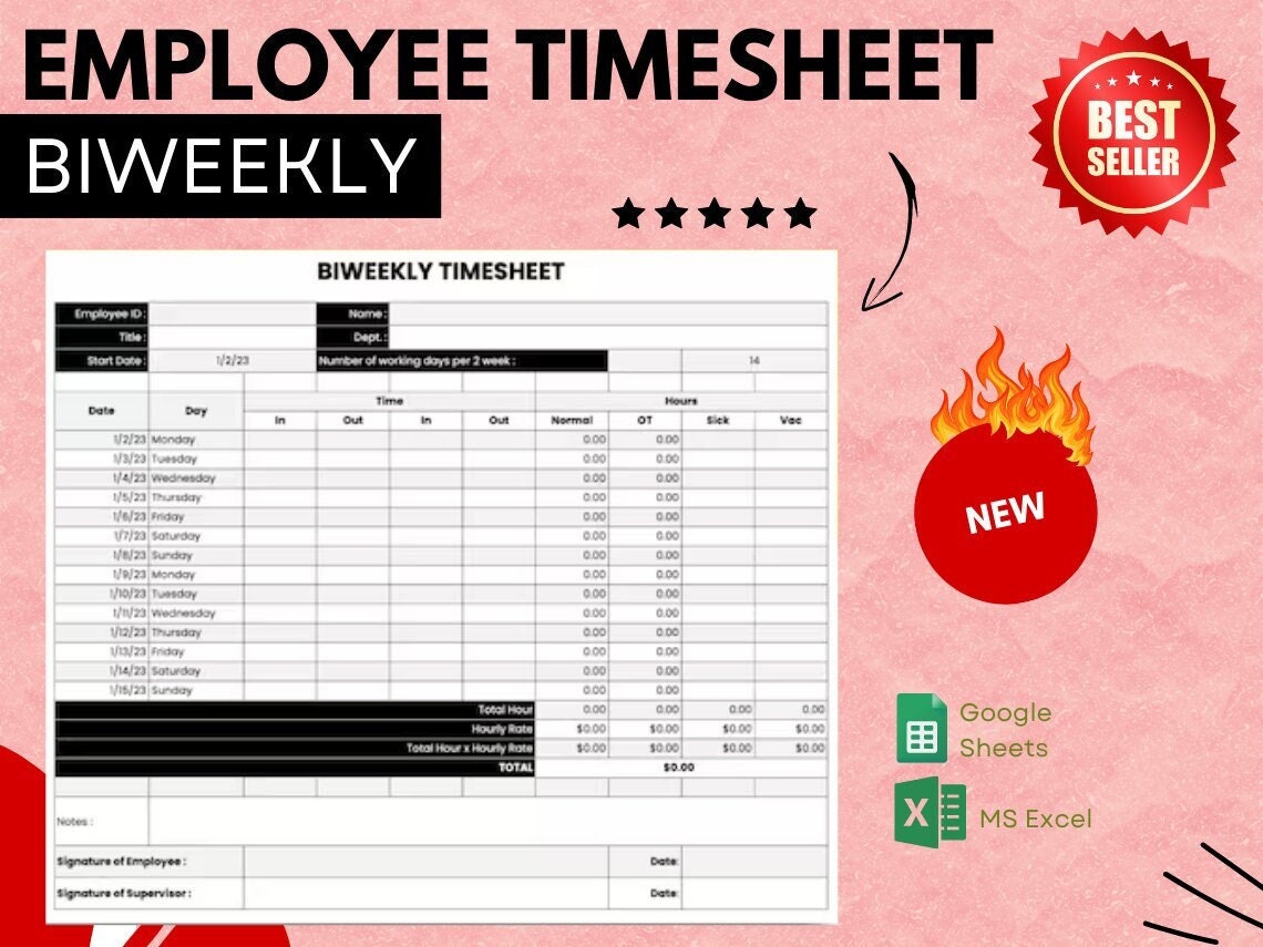 Employee Biweekly Timesheet Template, Excel Template, Google Sheets, Spreadsheet Template ...