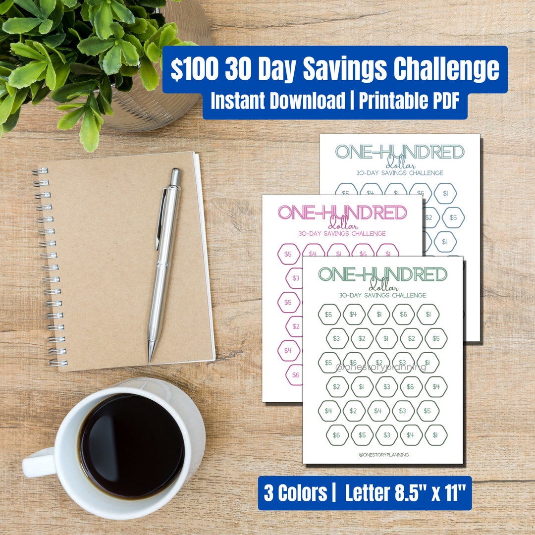 100 Hundred Dollar 30 Day Savings Challenge Printable | Budget Tracker ...