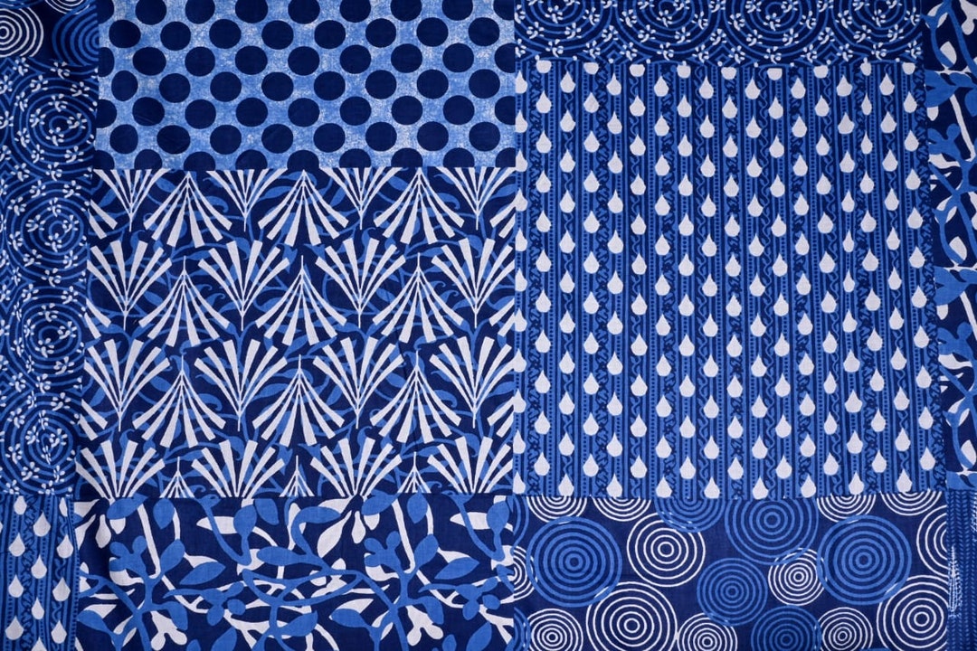 Indigo Blue Patch Work Pattern Fabric, Hand Block Printed Cotton Fabric ...